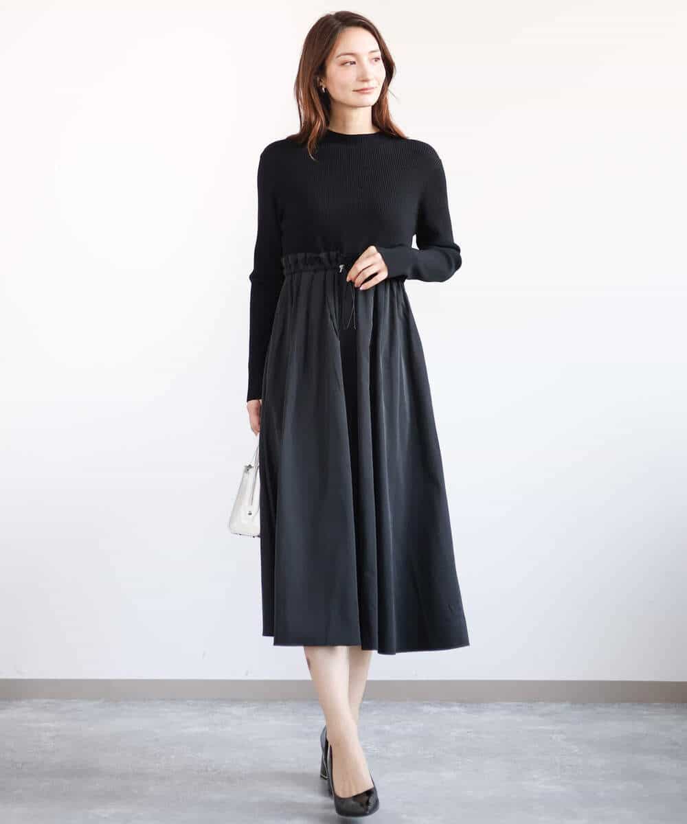 【小さいサイズ】ニット×タフタ タックギャザー切替えワンピース/洗える(ワンピース) | MK MICHEL KLEIN(小さいサイズ ...