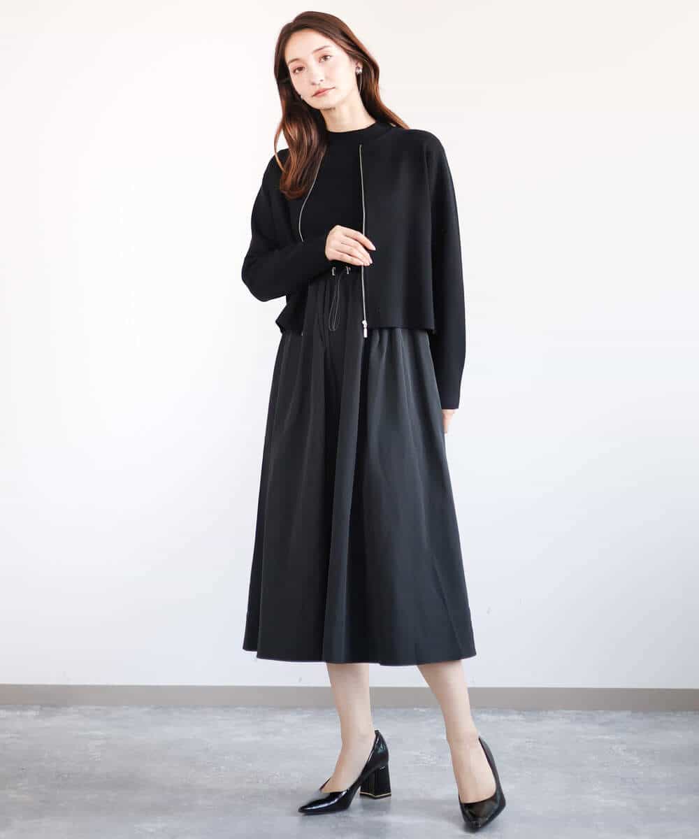 【小さいサイズ】ニット×タフタ タックギャザー切替えワンピース/洗える(ワンピース) | MK MICHEL KLEIN(小さいサイズ ...